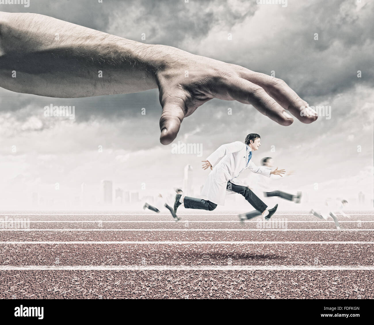 Big human hand catching businessman. Professional relations Stock Photo ...