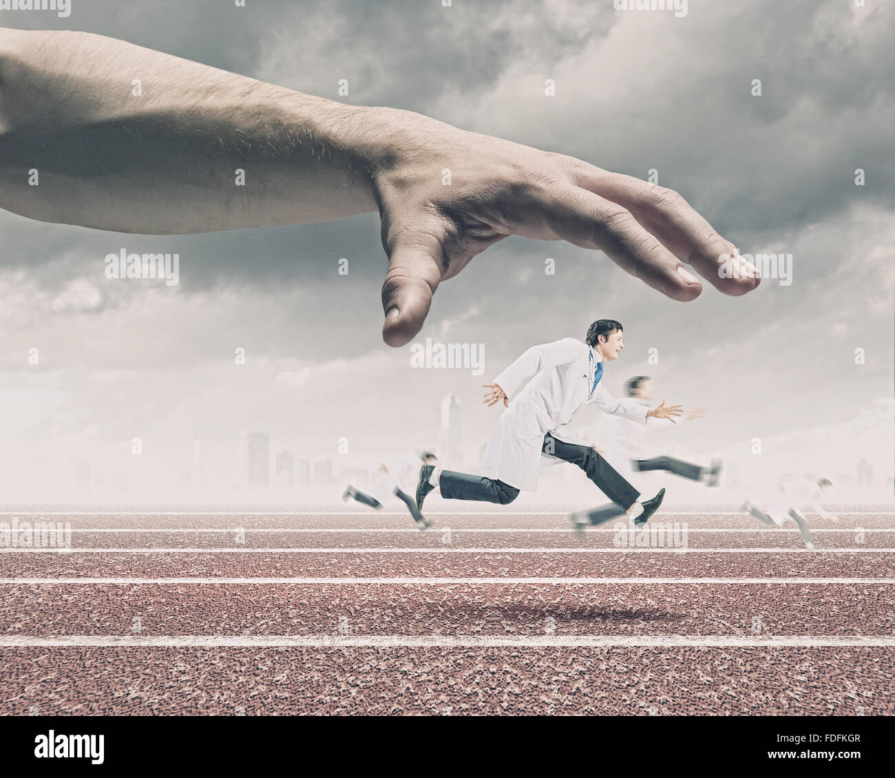 Big human hand catching businessman. Professional relations Stock Photo ...