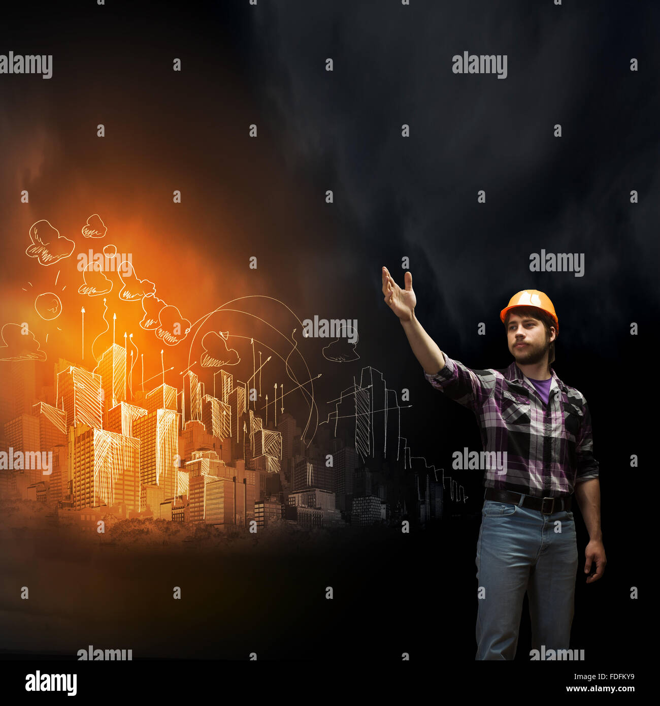 Image of man builder drawing project sketch Stock Photo - Alamy