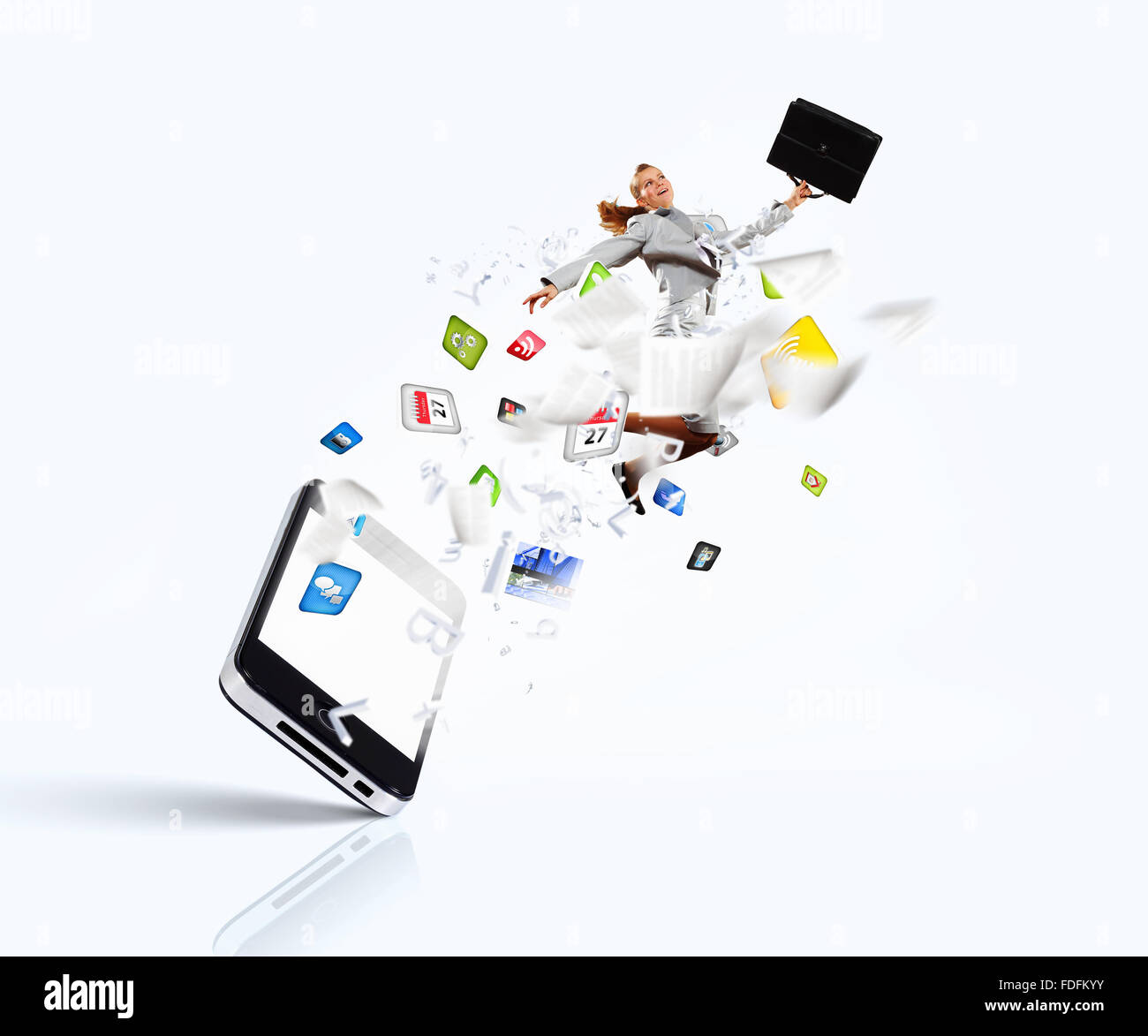 Image of businesswoman jumping out of mobile phone Stock Photo - Alamy