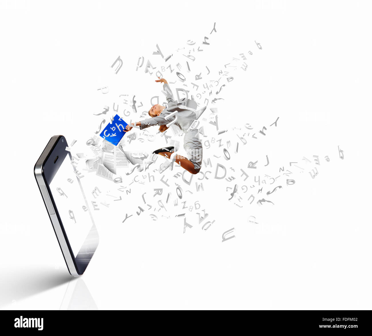 Image of businesswoman jumping out of mobile phone Stock Photo - Alamy
