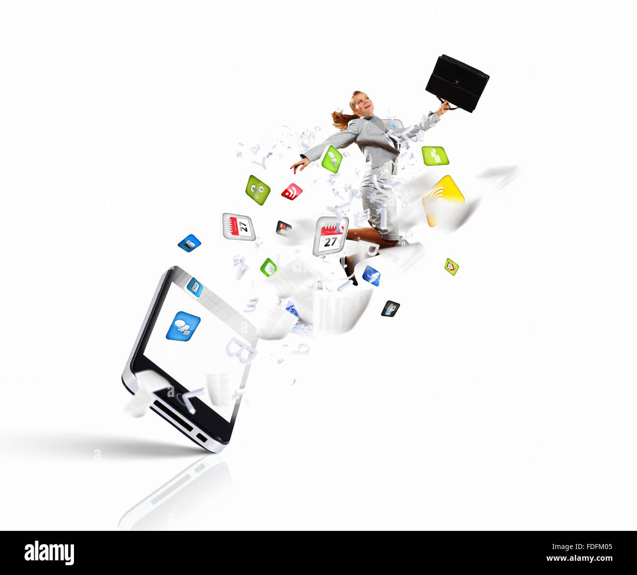 Image of businesswoman jumping out of mobile phone Stock Photo - Alamy
