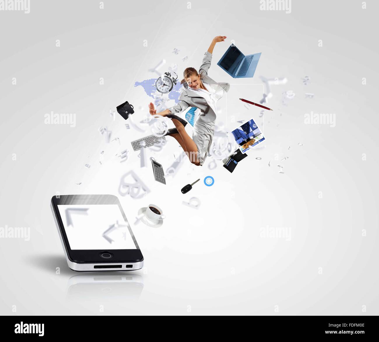 Image of businesswoman jumping out of mobile phone Stock Photo - Alamy