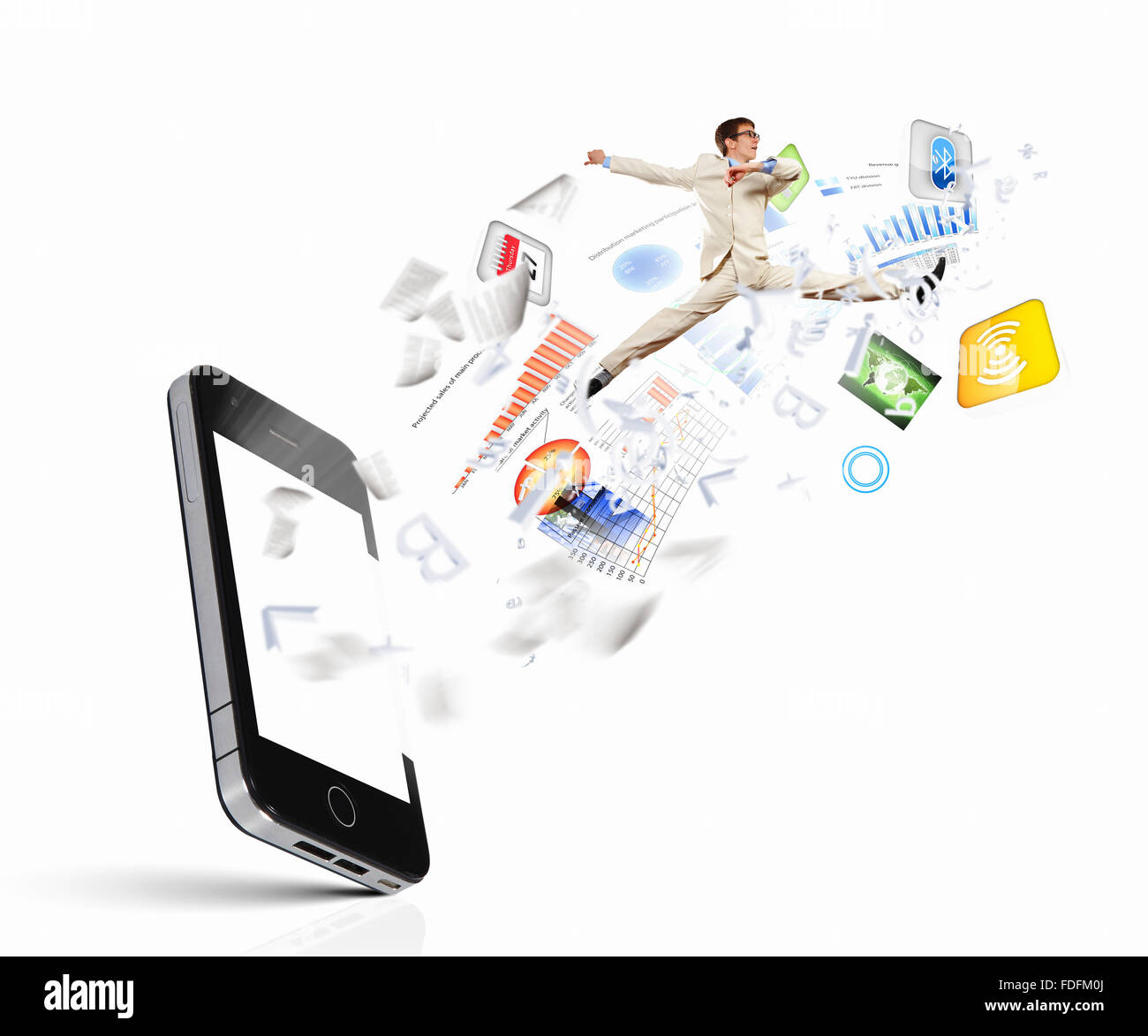Young man jumping mobile phone Cut Out Stock Images & Pictures - Alamy