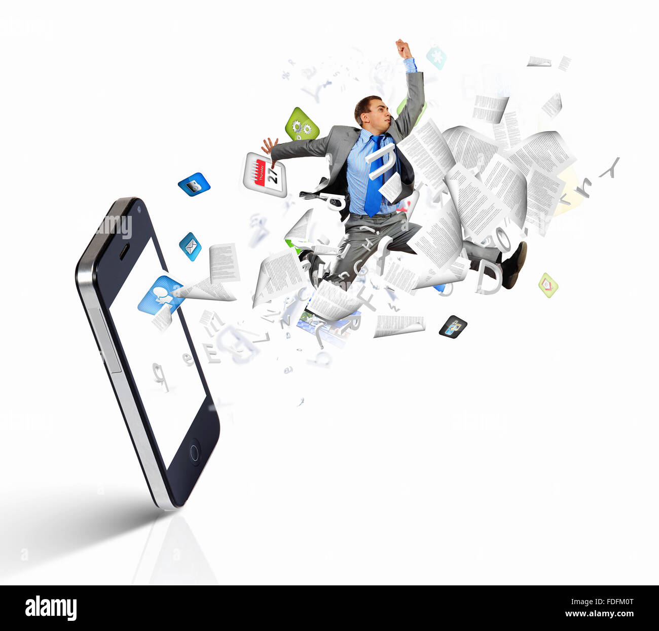 Young man jumping mobile phone Cut Out Stock Images & Pictures - Alamy