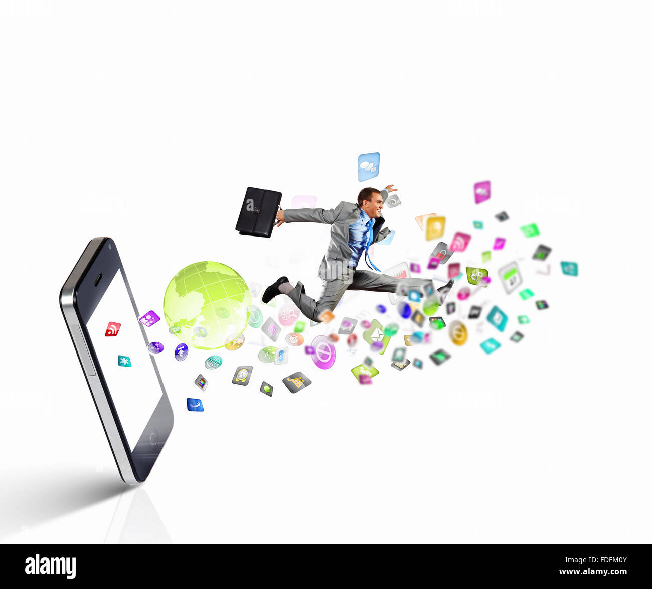Image of businessman jumping out of mobile phone Stock Photo - Alamy