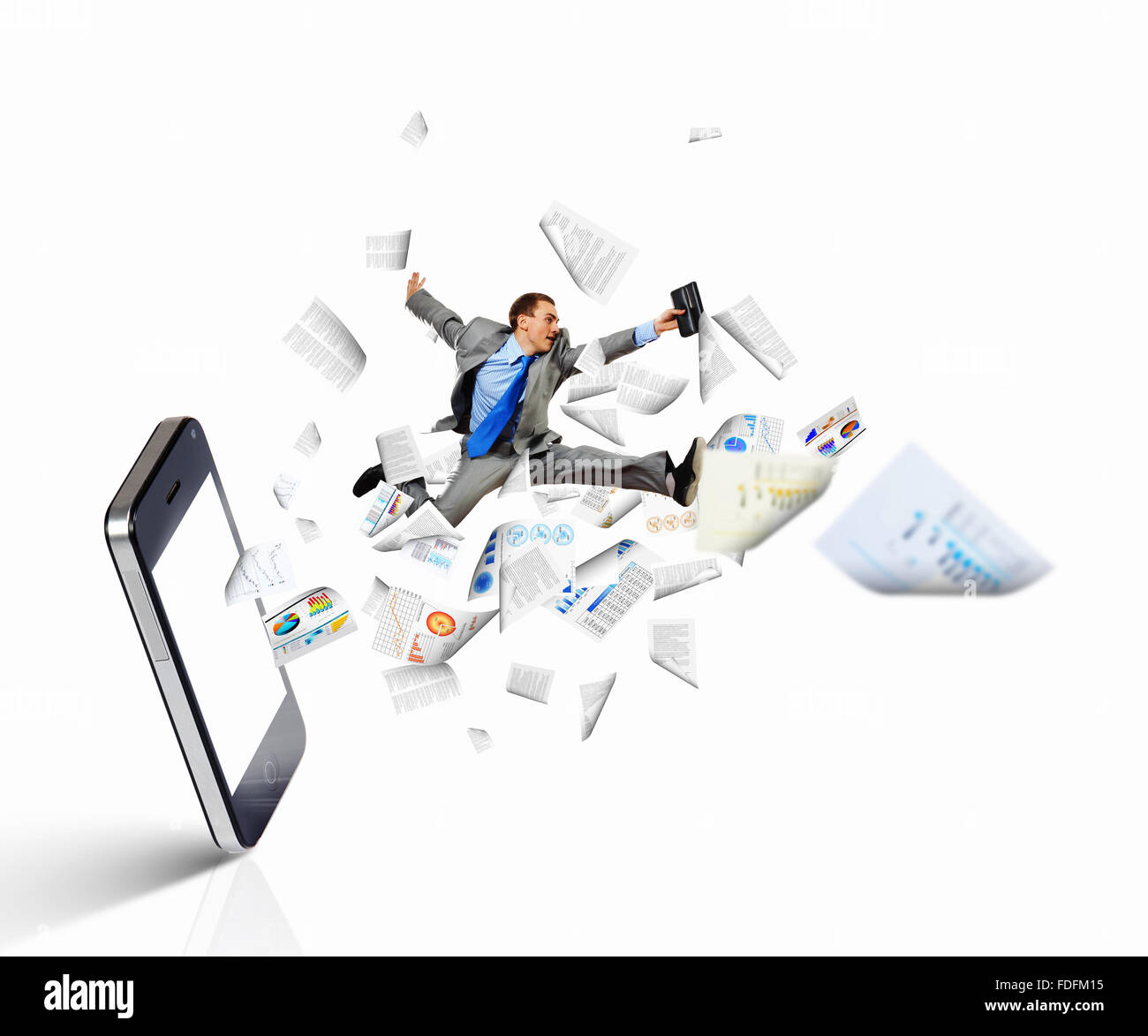 Young man jumping mobile phone Cut Out Stock Images & Pictures - Alamy