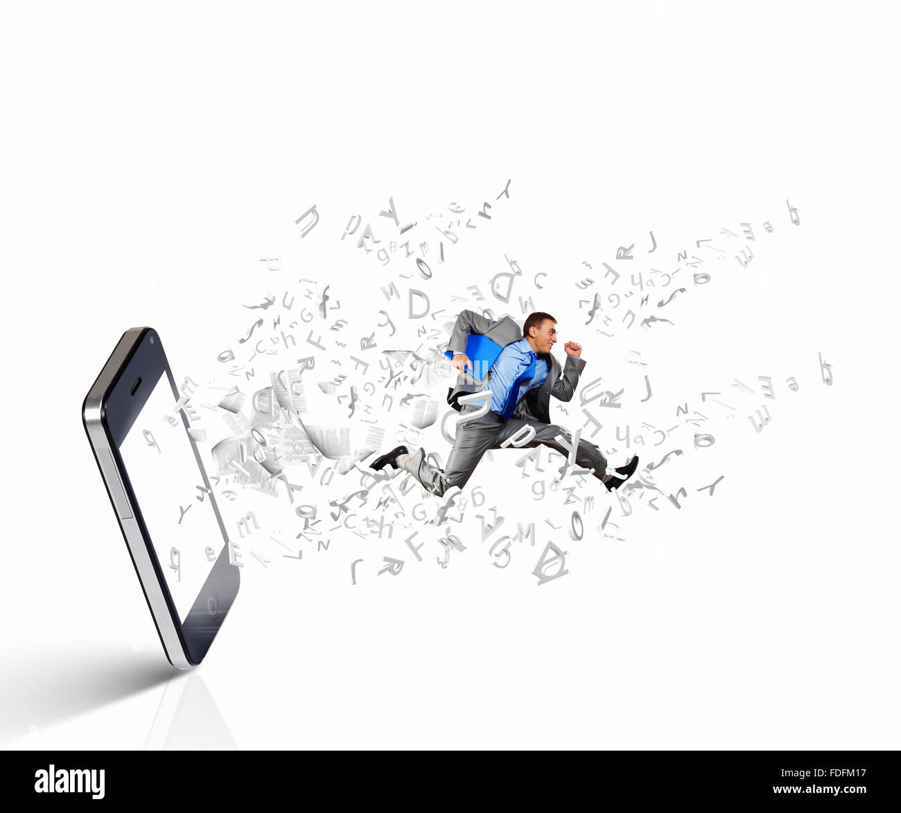 Image of businessman jumping out of mobile phone Stock Photo - Alamy