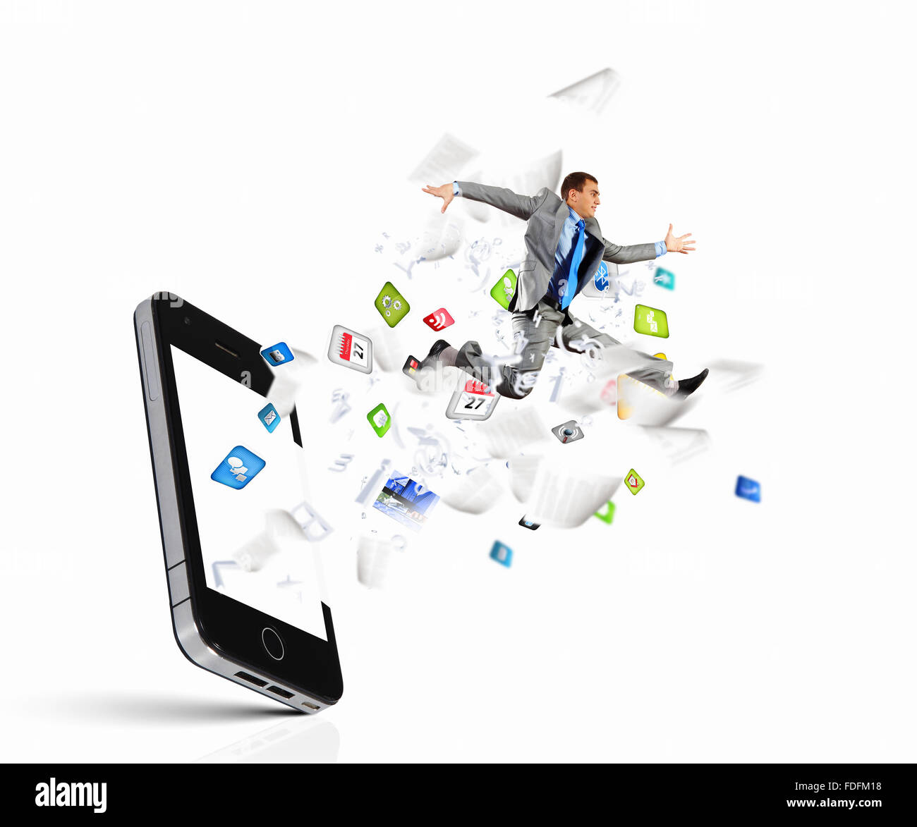 Image of businessman jumping out of mobile phone Stock Photo - Alamy
