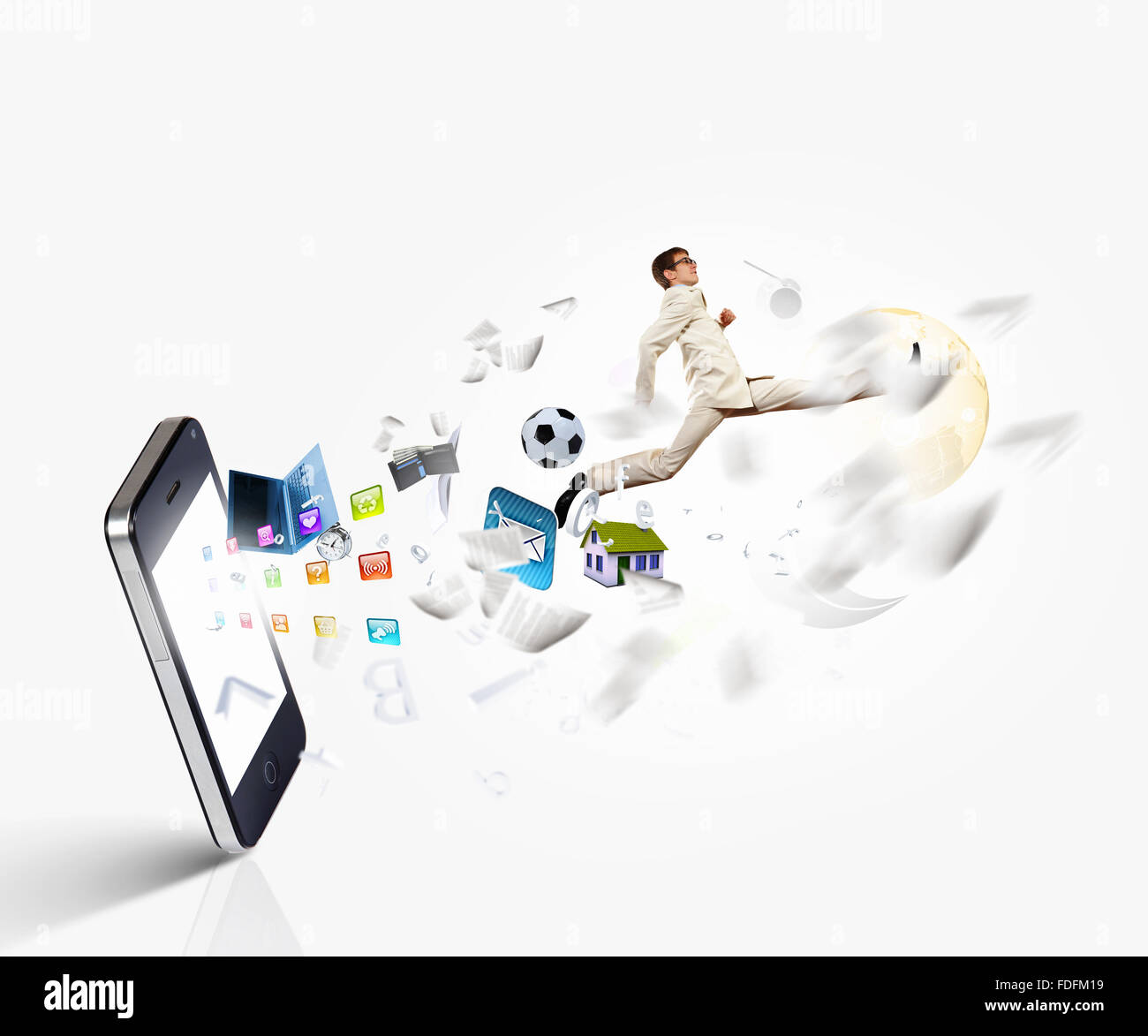 Image of businessman jumping out of mobile phone Stock Photo - Alamy