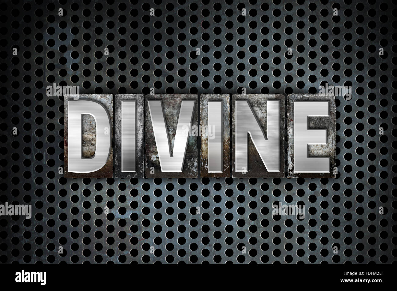 The word "Divine" written in vintage metal letterpress type on a black ...