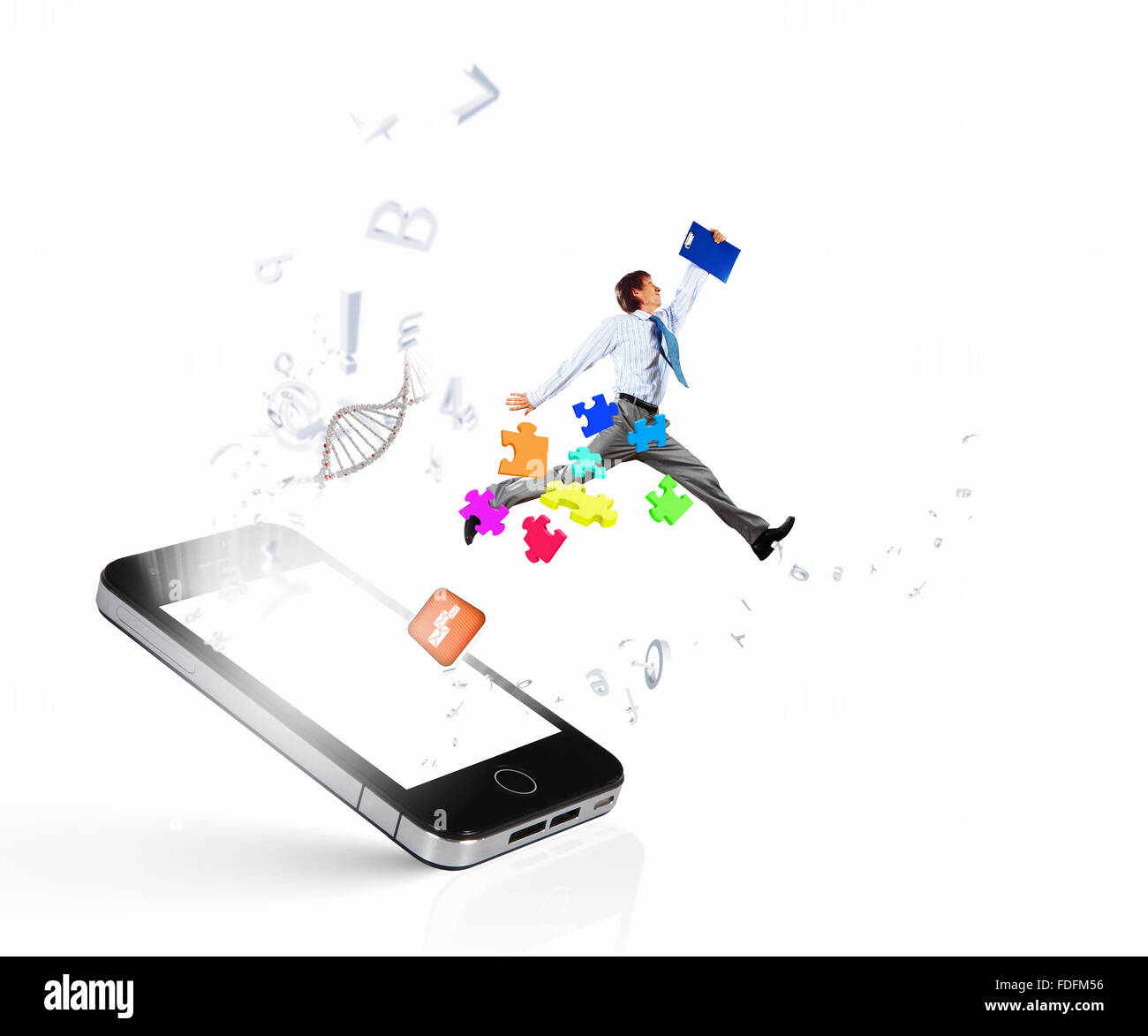 Image of businessman jumping out of mobile phone Stock Photo - Alamy