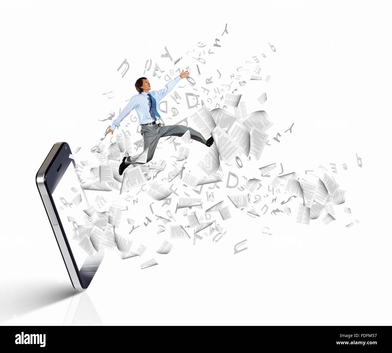 Image of businessman jumping out of mobile phone Stock Photo - Alamy