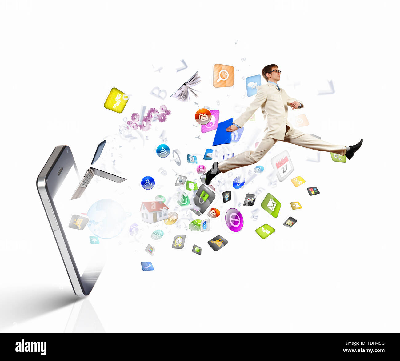 Image of businessman jumping out of mobile phone Stock Photo - Alamy