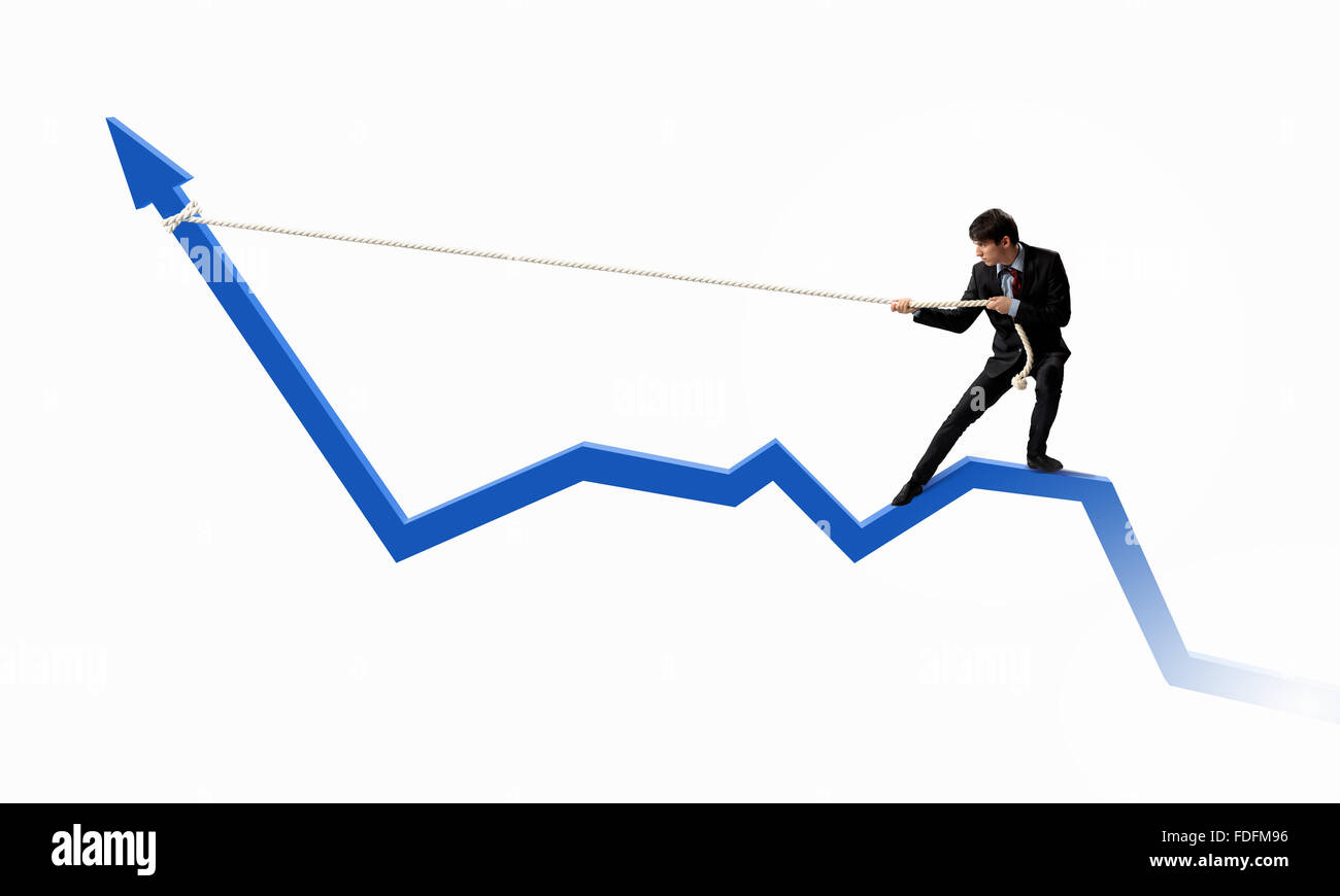 Image of businessman standing on graph and pulling it upwards Stock ...
