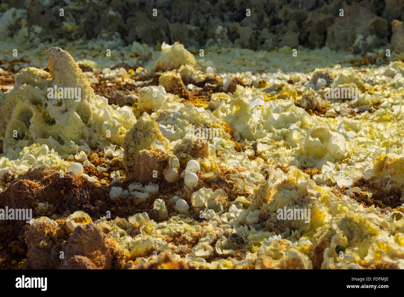 Sulphurous water leaves intricate crystals around the vents at Dallol ...
