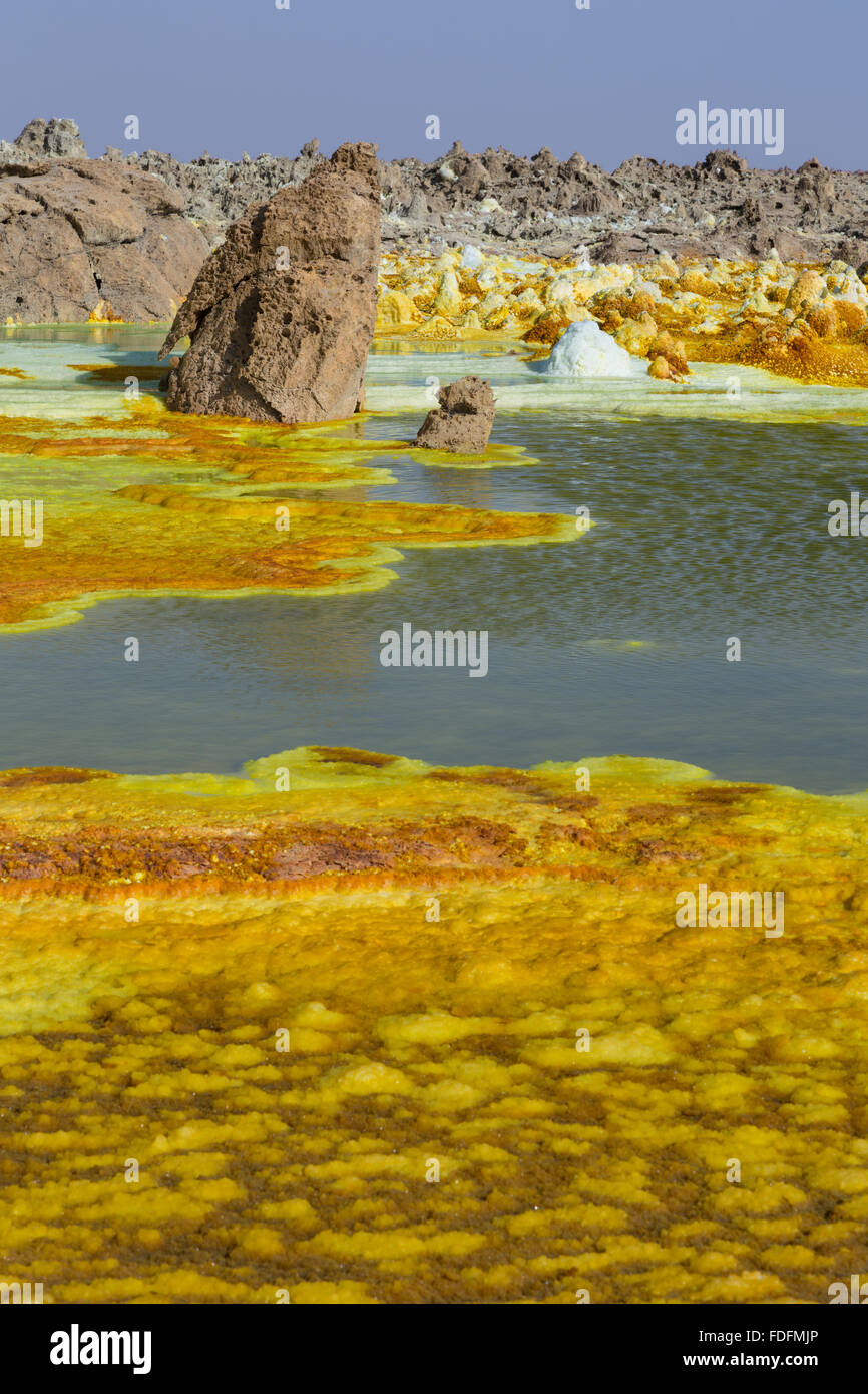 Salt and sulphur form crystals around the lakes of Dallol, Ethiopia ...