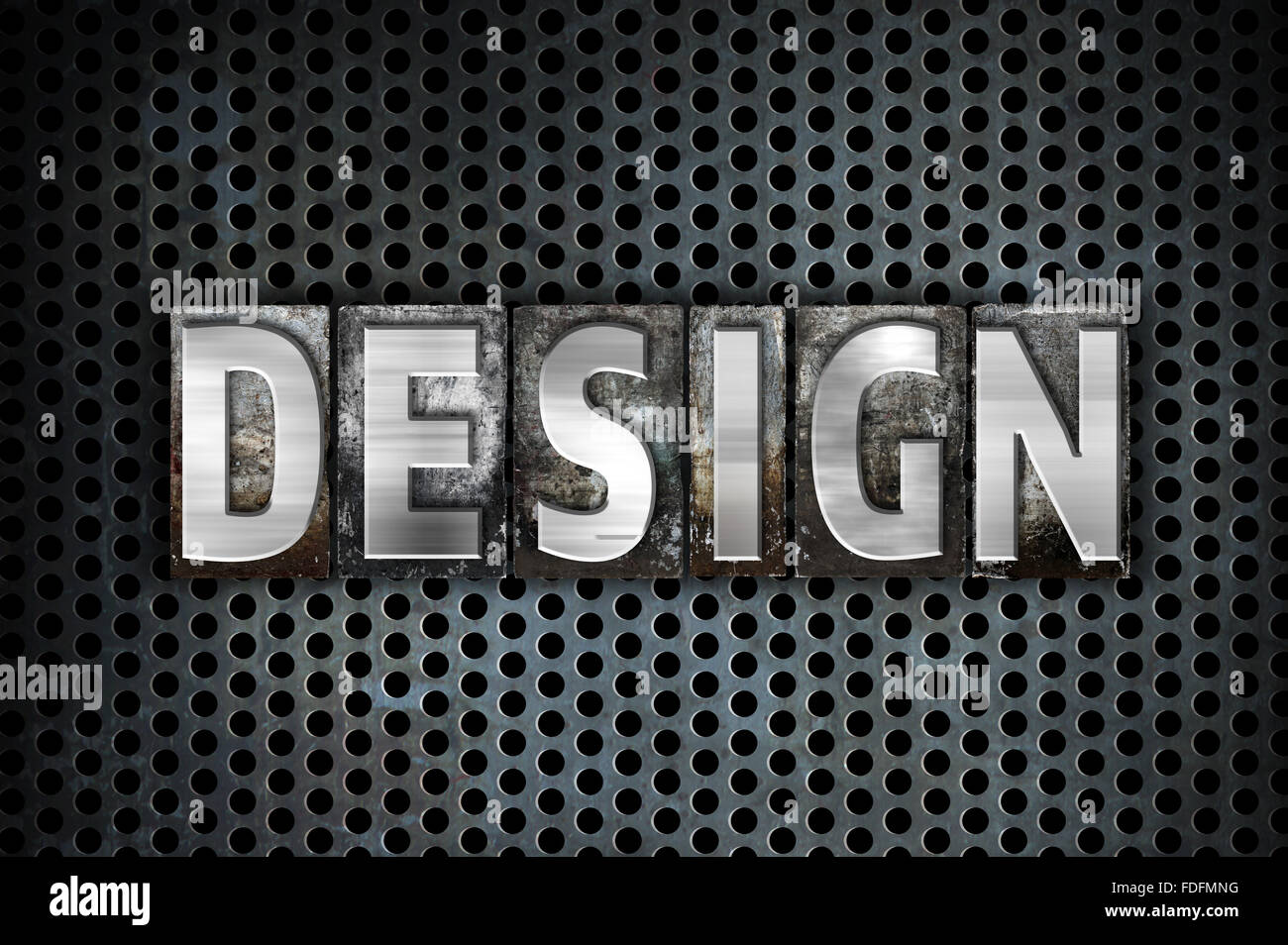 The word "Design" written in vintage metal letterpress type on a black ...