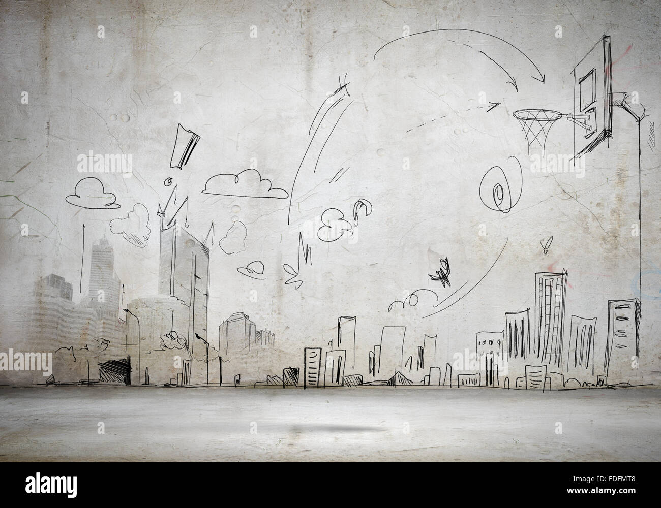 Background image with sketches and drawings on grey wall Stock Photo ...