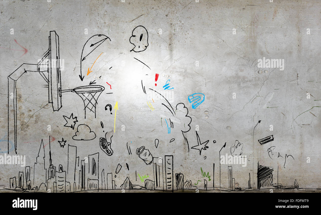 Background image with sketches and drawings on grey wall Stock Photo ...