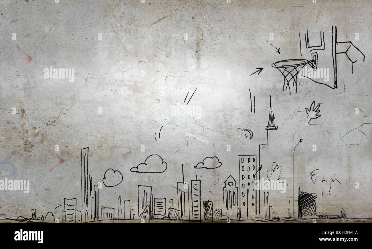 Background image with sketches and drawings on grey wall Stock Photo ...