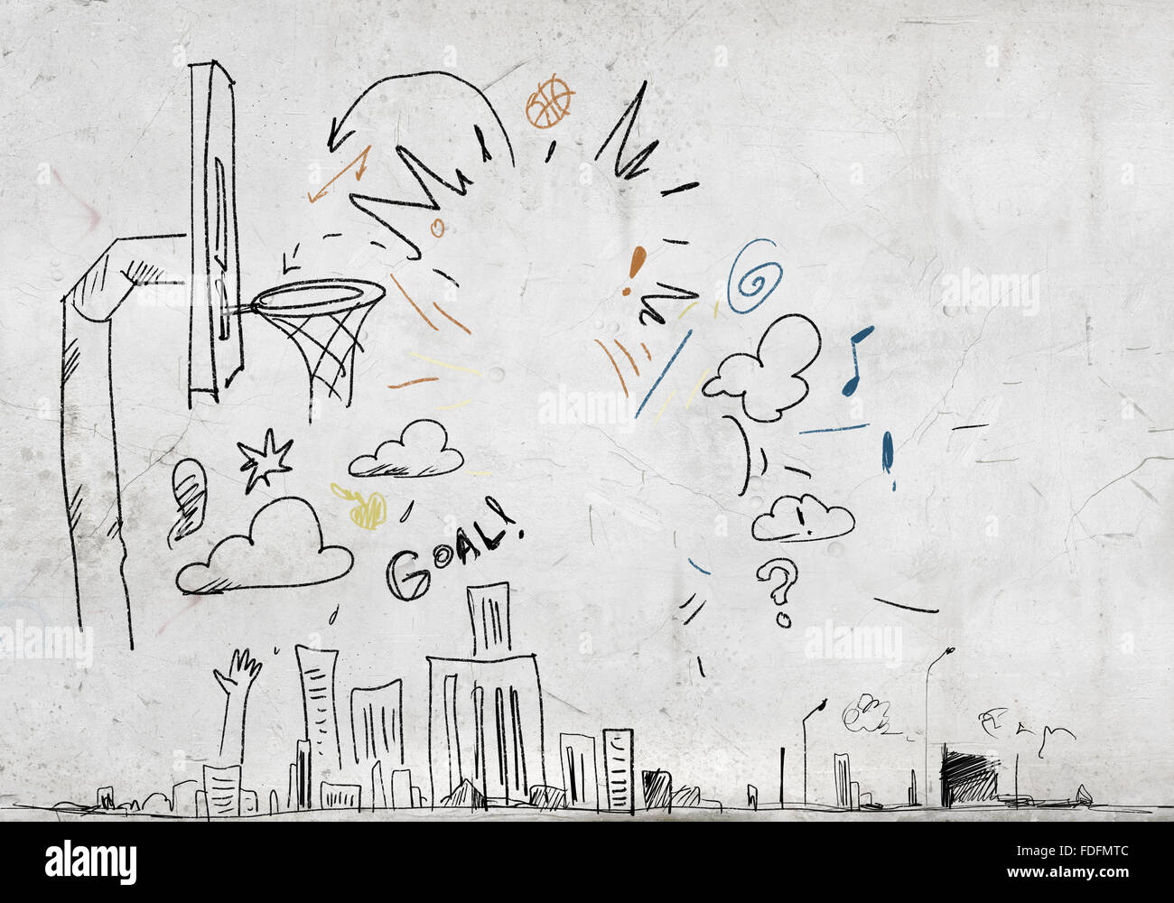 Background image with sketches and drawings on grey wall Stock Photo ...