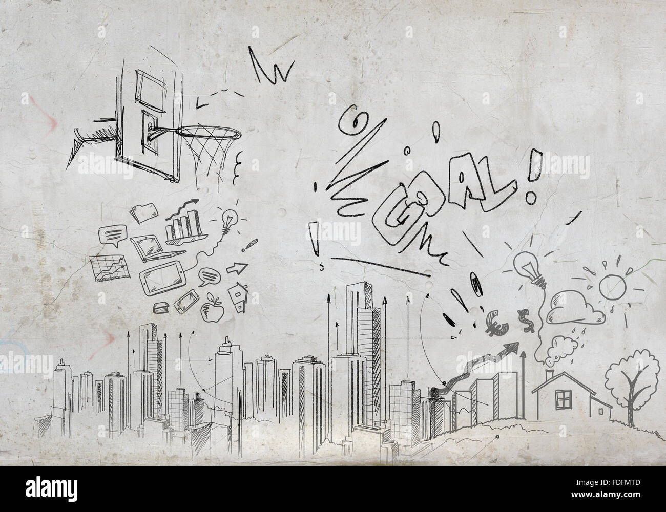 Background image with sketches and drawings on grey wall Stock Photo ...