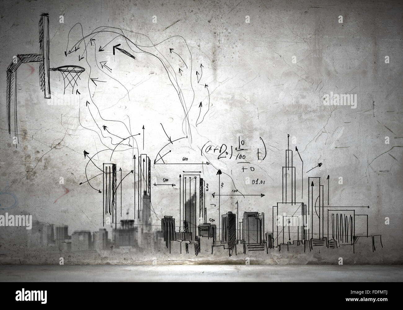 Background image with sketches and drawings on grey wall Stock Photo ...