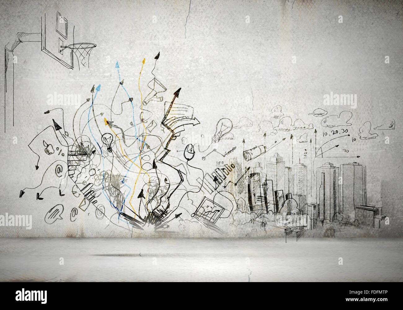 Background image with sketches and drawings on grey wall Stock Photo ...