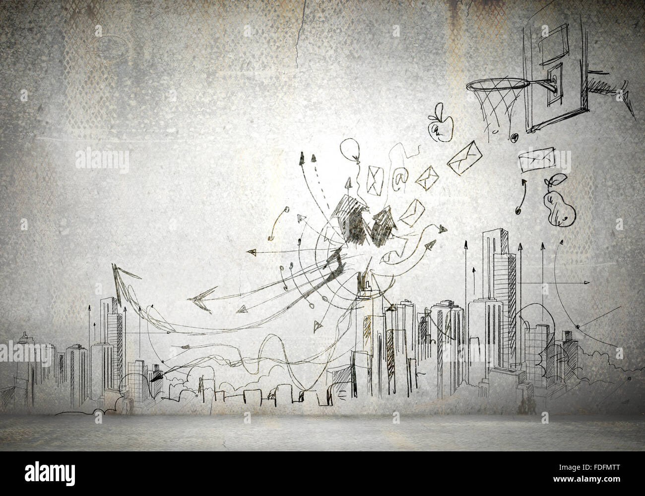 Background image with sketches and drawings on grey wall Stock Photo ...