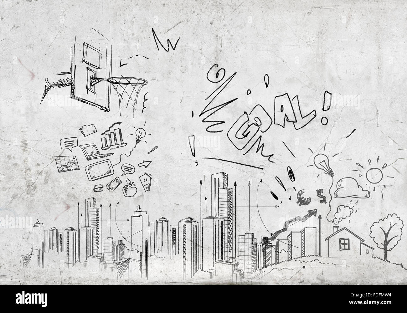 Background image with sketches and drawings on grey wall Stock Photo ...