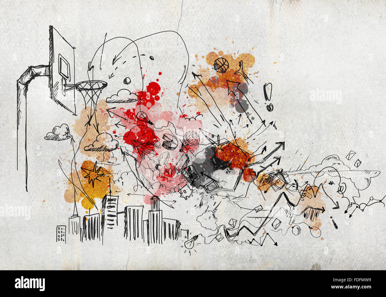 Background image with sketches and drawings on grey wall Stock Photo ...
