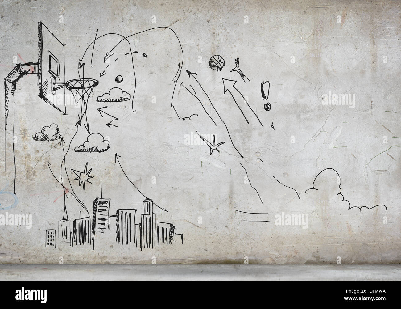 Background image with sketches and drawings on grey wall Stock Photo ...