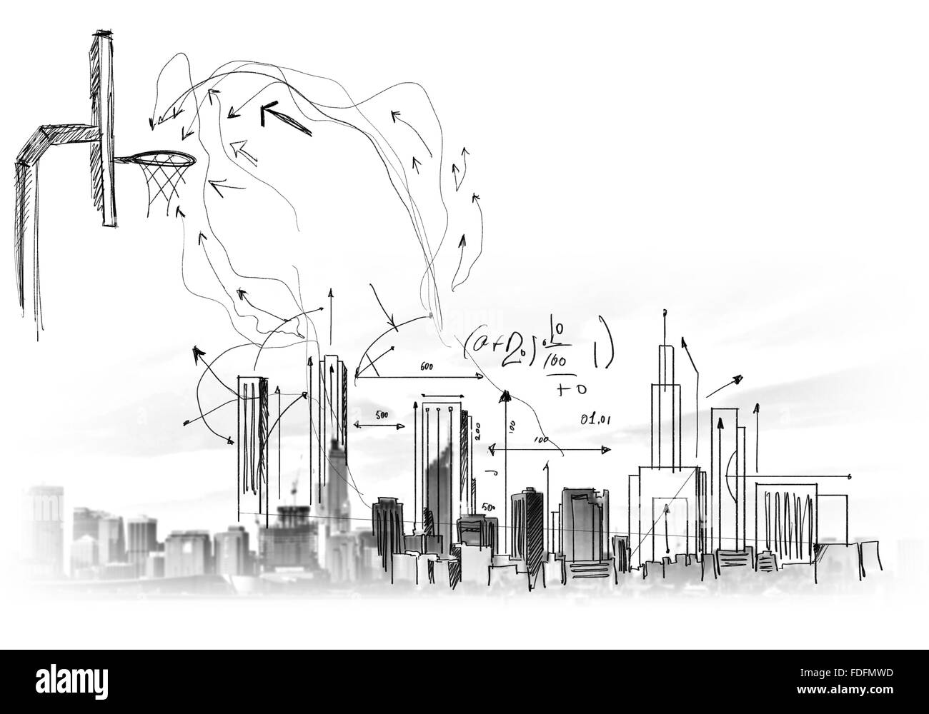 Background image with sketches and drawings on grey wall Stock Photo ...