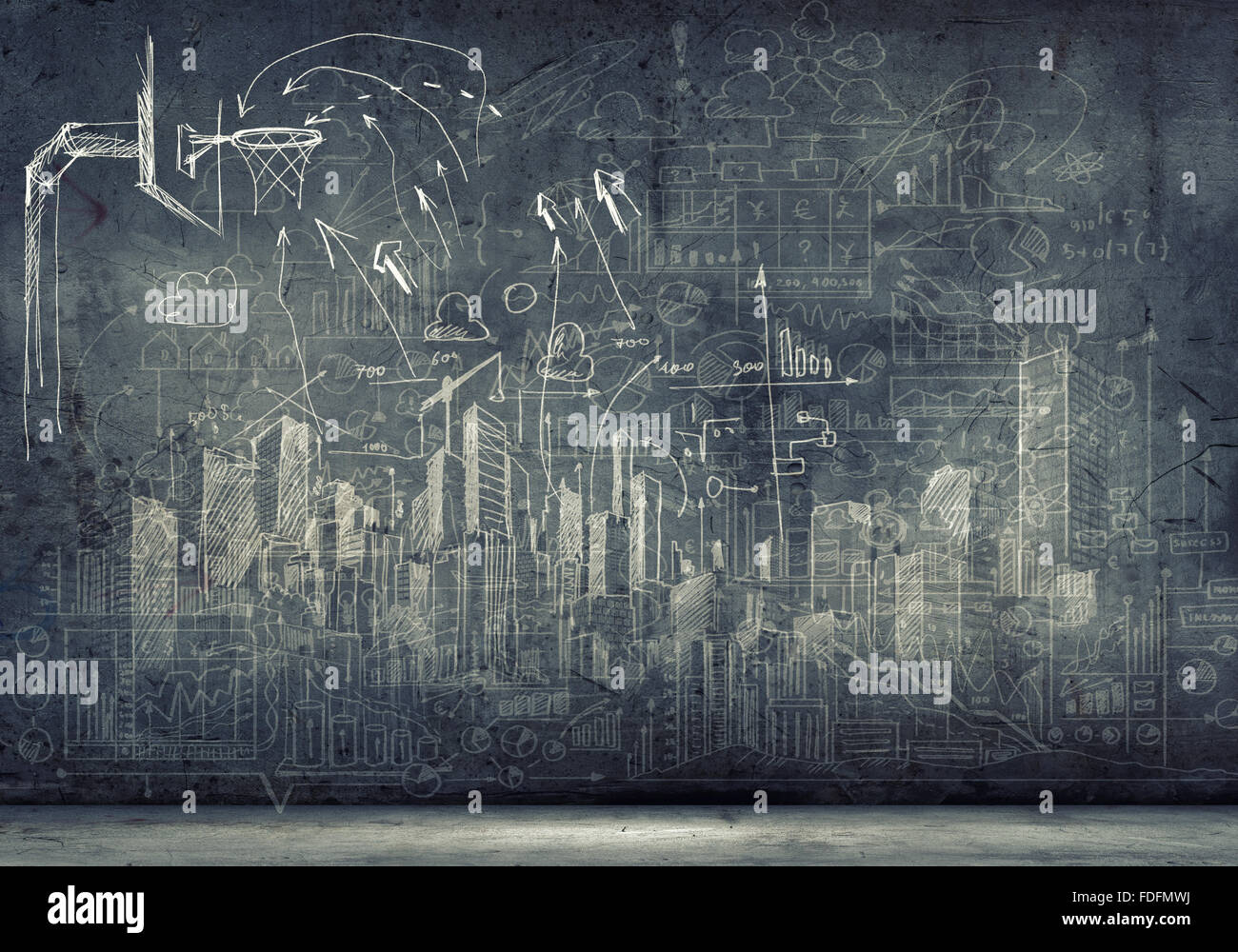 Background image with sketches and drawings on black wall Stock Photo ...