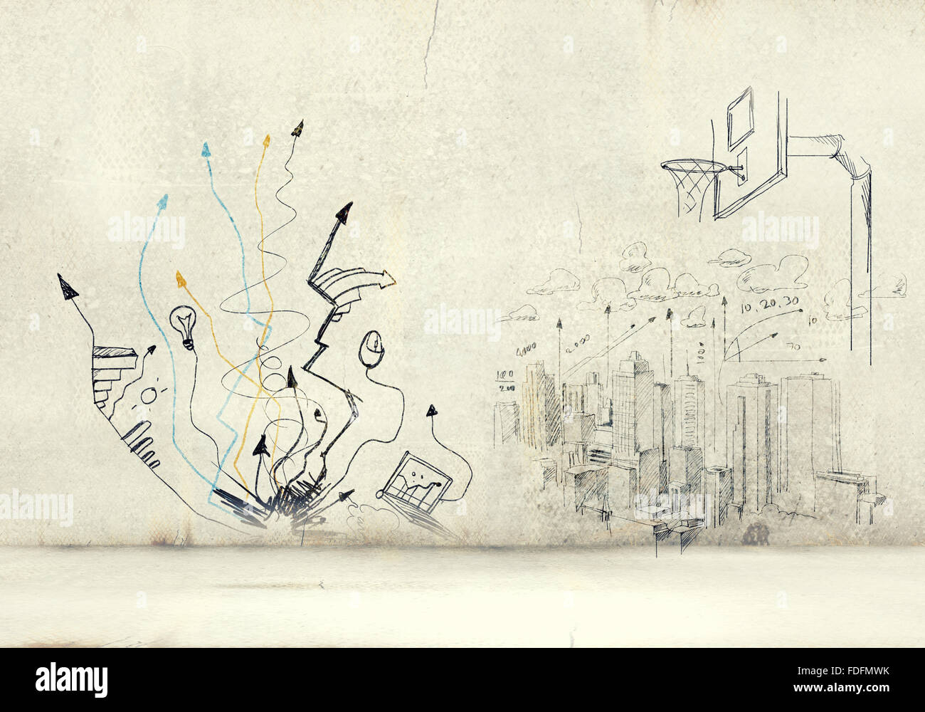 Background image with sketches and drawings on grey wall Stock Photo ...