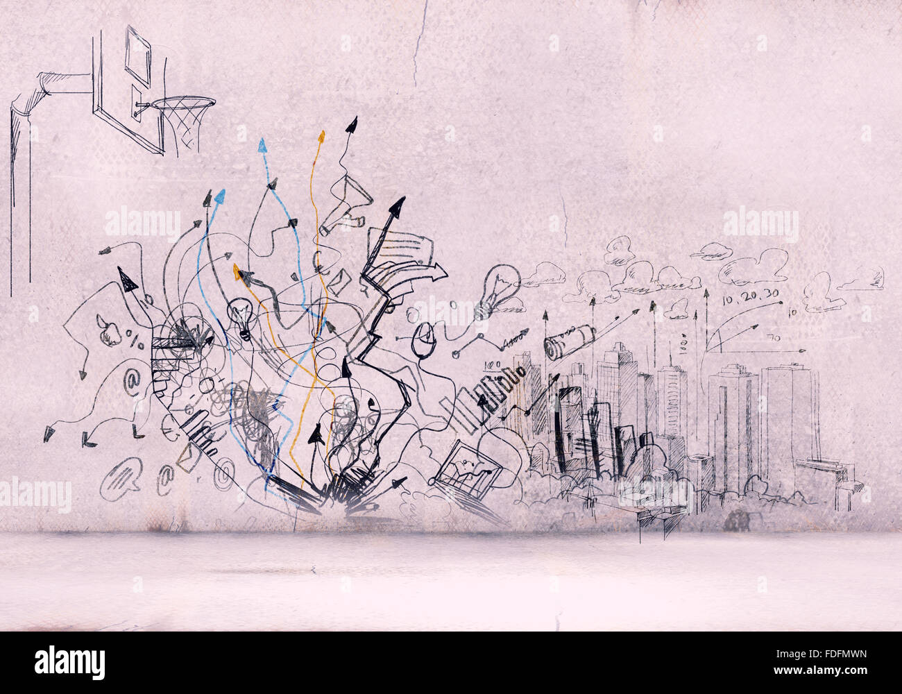 Background image with sketches and drawings on grey wall Stock Photo ...