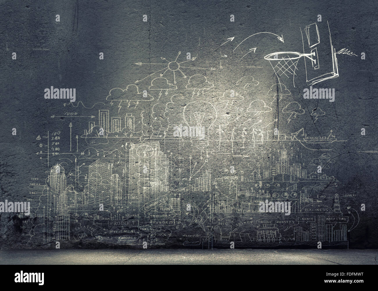 Background image with sketches and drawings on black wall Stock Photo ...