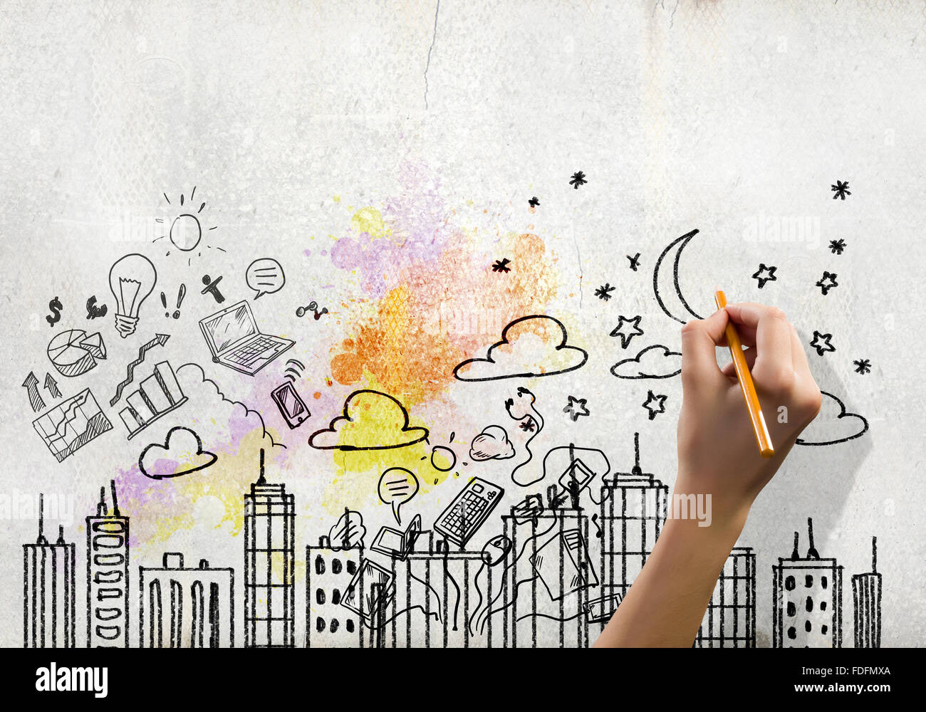 Close up image of human hand drawing sketches of city Stock Photo - Alamy