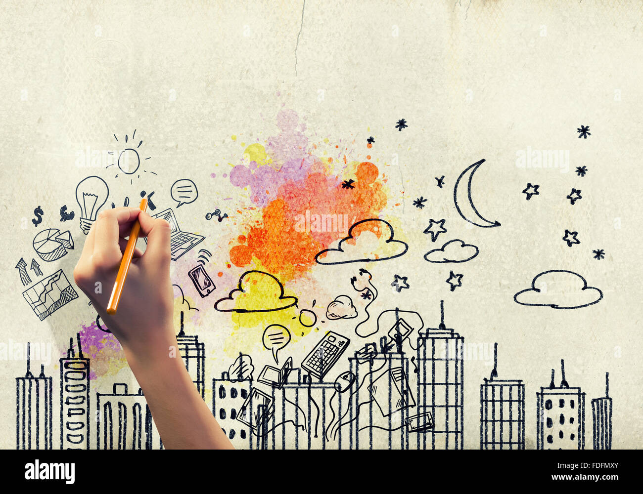 Close up image of human hand drawing sketches of city Stock Photo - Alamy