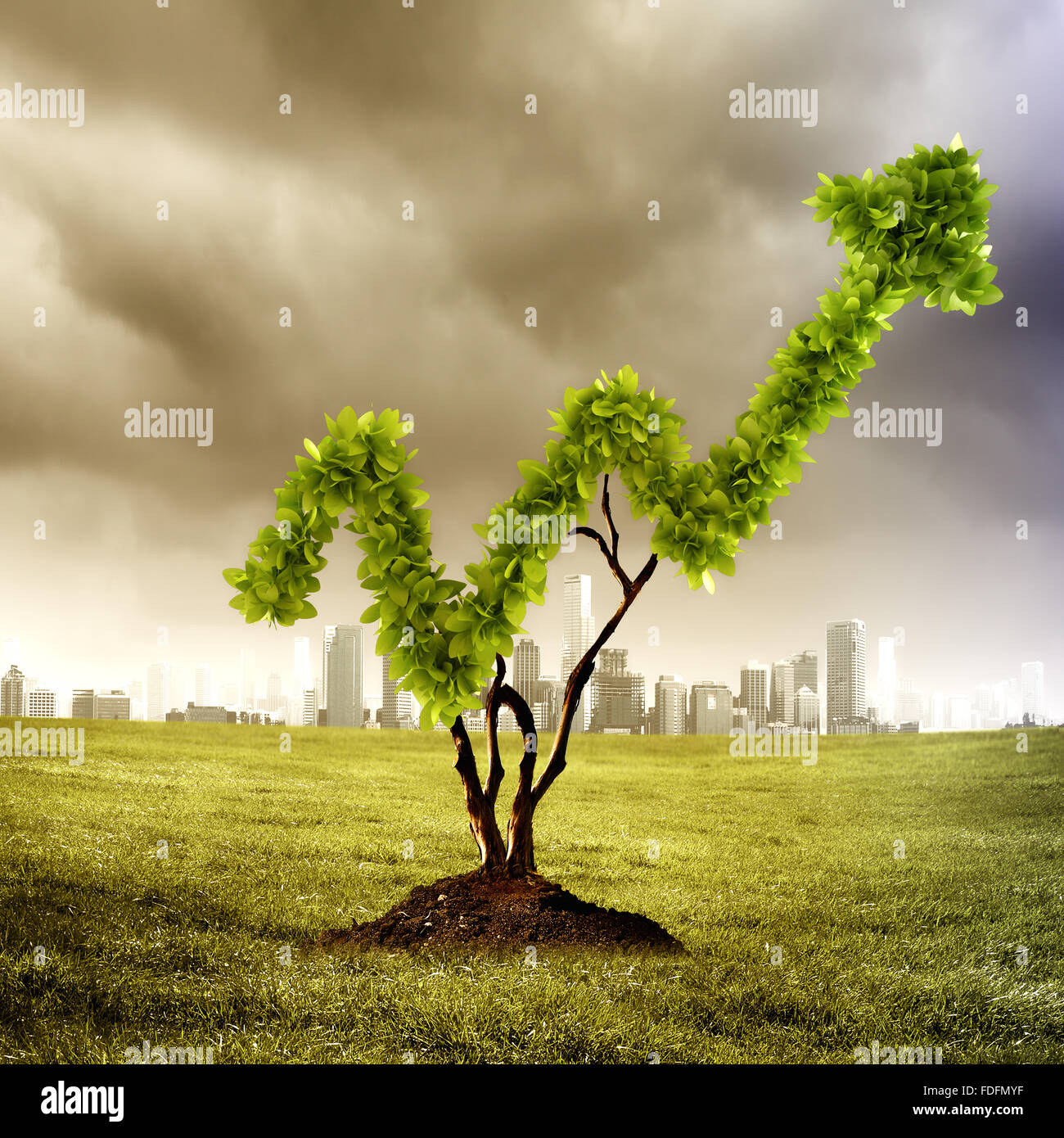 Plant in shape of graph against city background Stock Photo - Alamy