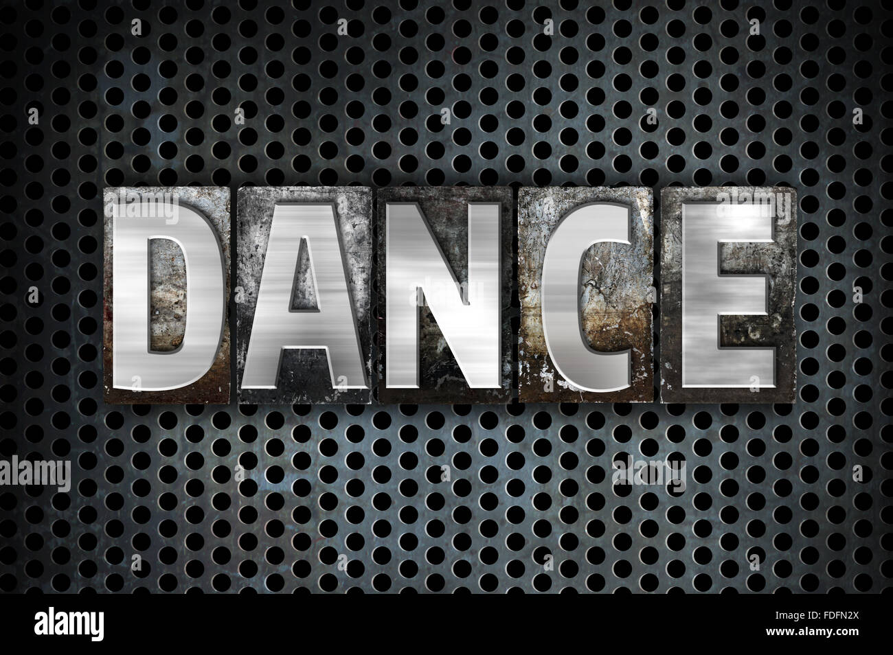 The word "Dance" written in vintage metal letterpress type on a black ...
