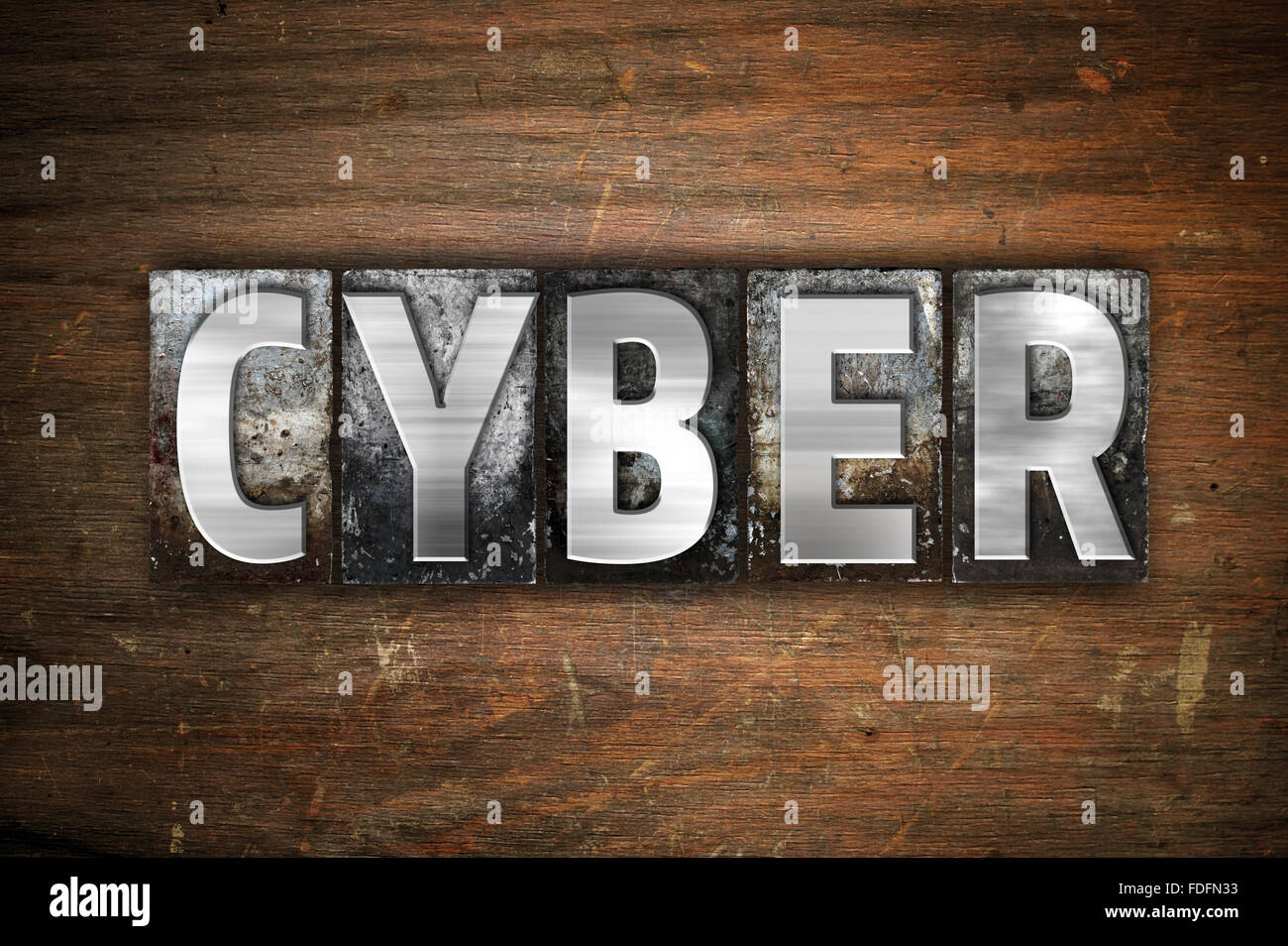 The word "Cyber" written in vintage metal letterpress type on an aged ...