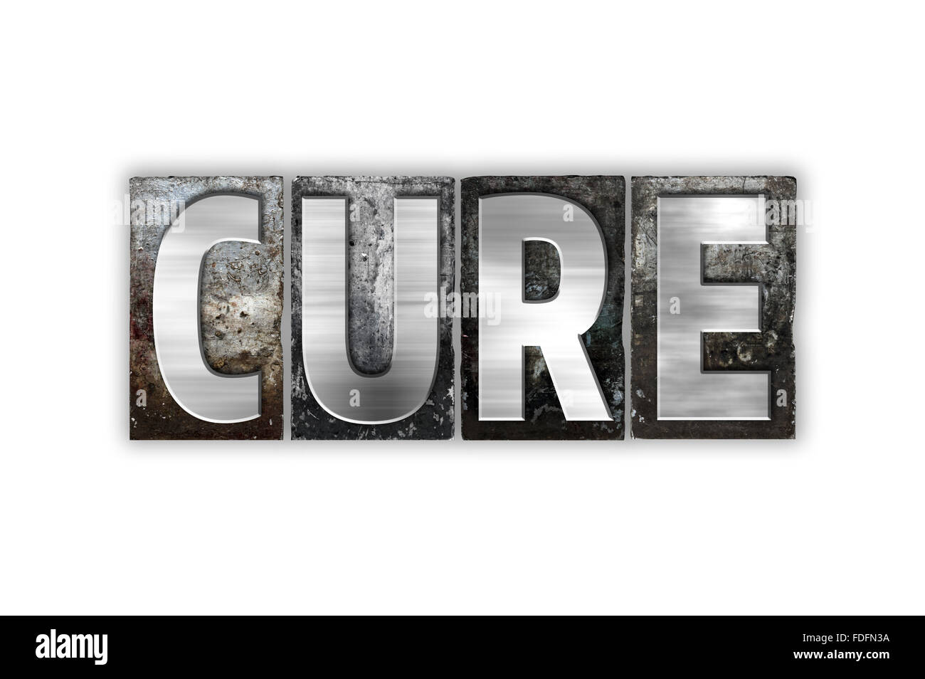 The word "Cure" written in vintage metal letterpress type isolated on a ...