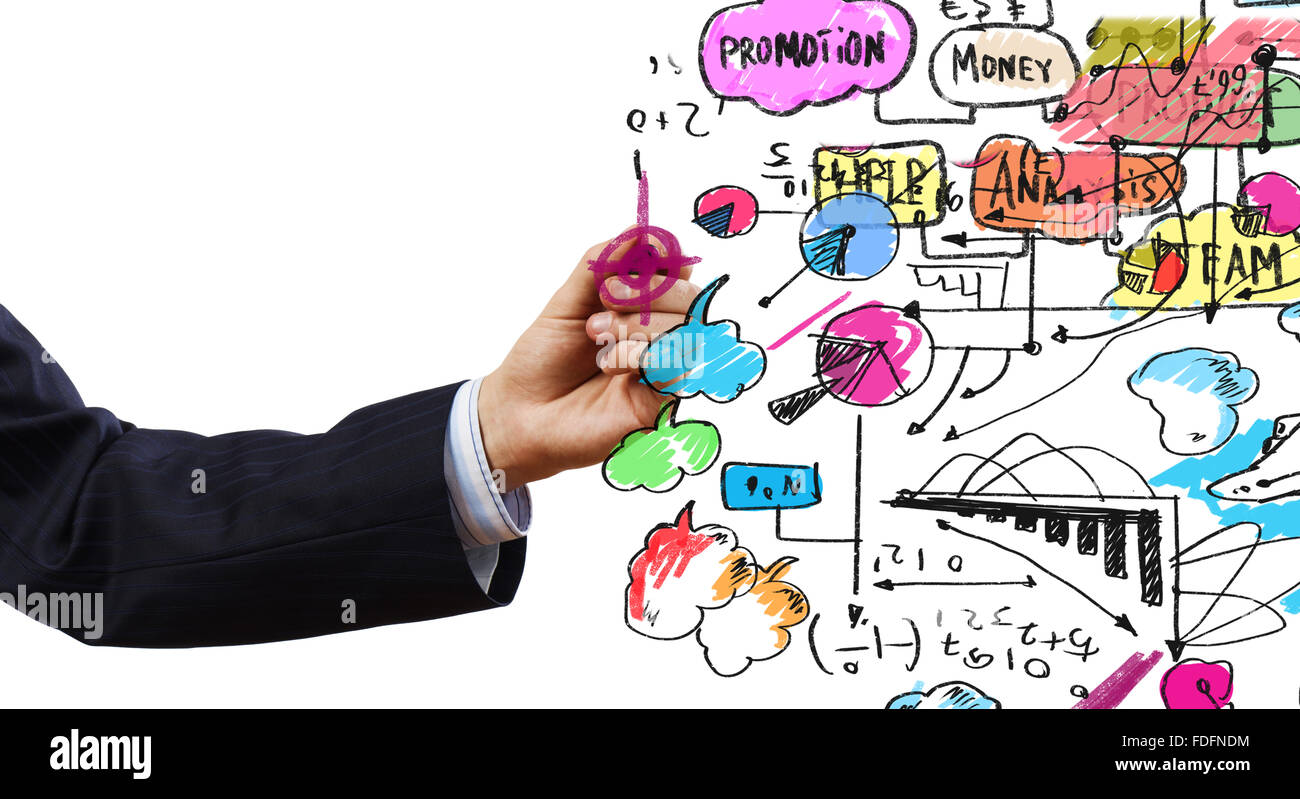 Close up of businessman with documents in hand drawing business ...