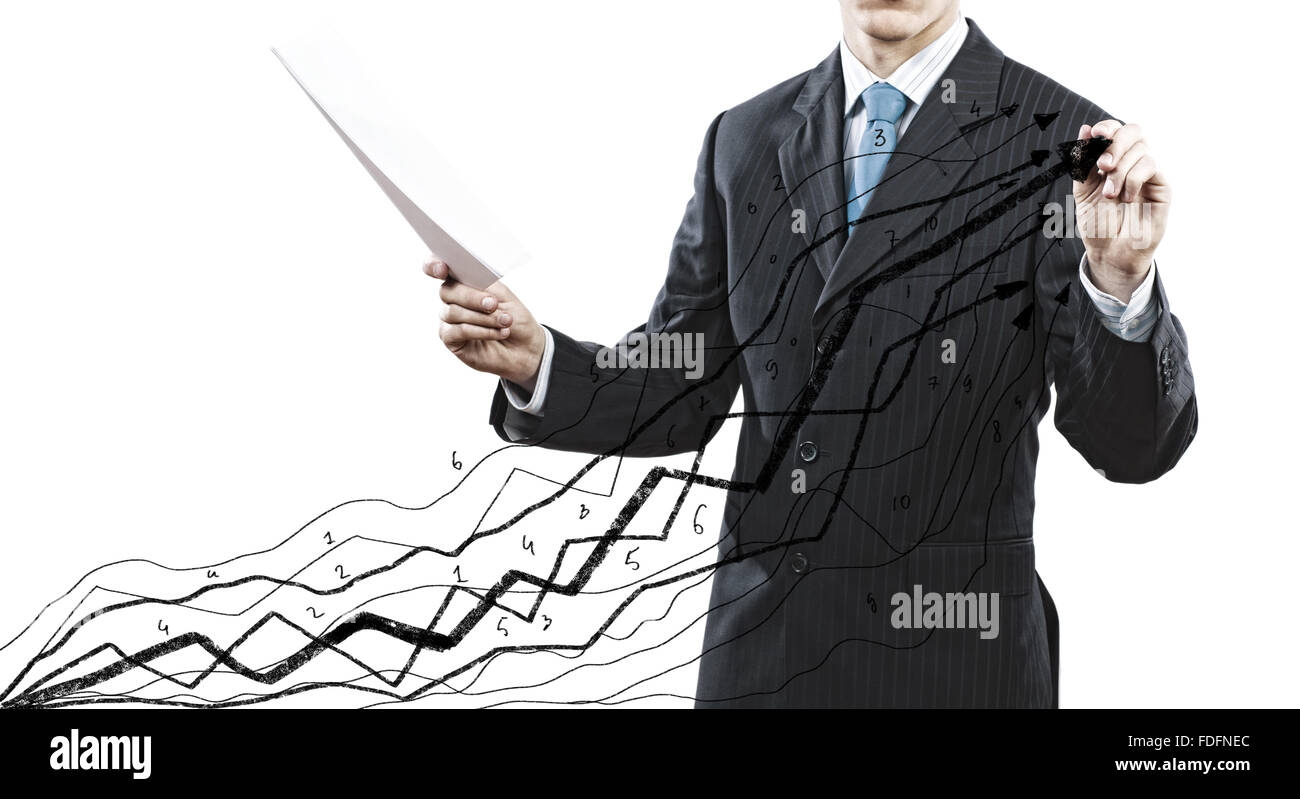 Close up of businessman with documents in hand drawing business ...