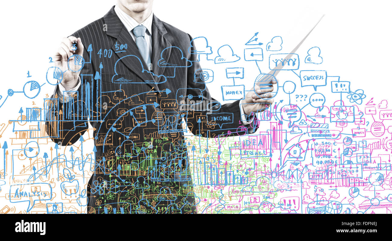 Close up of businessman with documents in hand drawing business ...