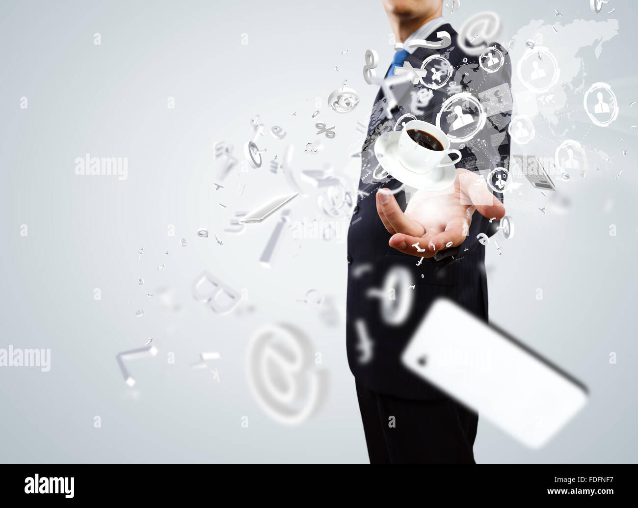 Close up of businessman holding business items in palm Stock Photo - Alamy