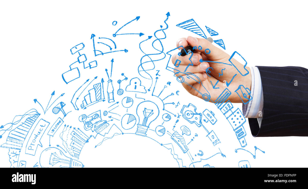 Close up of businessman hand drawing sketches Stock Photo - Alamy