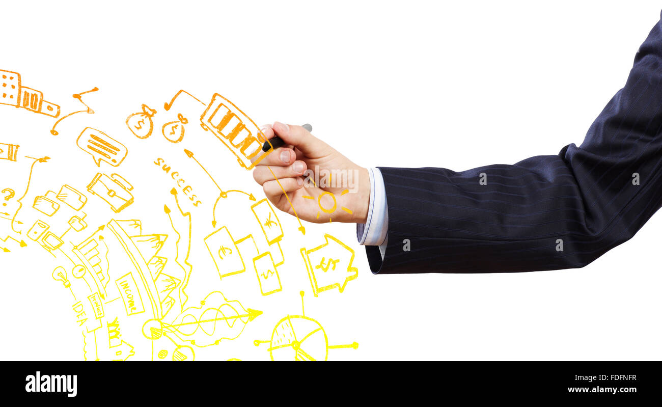 Close up of businessman hand drawing sketches Stock Photo - Alamy